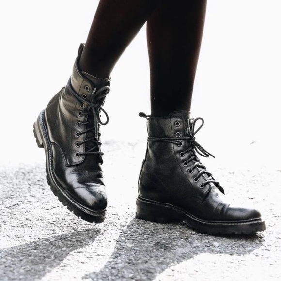 Frye | Shoes | Frye Julie Combat Boots Black Leather Lug Sole Size 65 ...